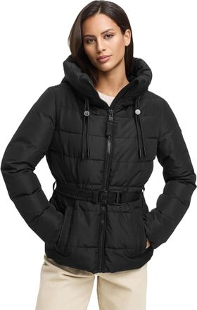 Marikoo Damen Winterjacke (XS-XXL) - gesteppt, mit Kapuze, Tailleng&uuml;rtel - N073 - Schwarz Gr&ouml;&szlig;e XS - Gr.XS