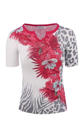 Passioni T-Shirt mit Abgerundetem V-Ausschnitt und Tropischem Druck