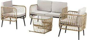 OUTSUNNY Ensemble Salon de Jardin 4 pi&egrave;ces canap&eacute; 2 Places + 2 fauteuils + 1 Table Basse Plateau Verre tremp&eacute; 8 Coussins - r&eacute;sine tress&eacute;e et m&eacute;tal - Beige