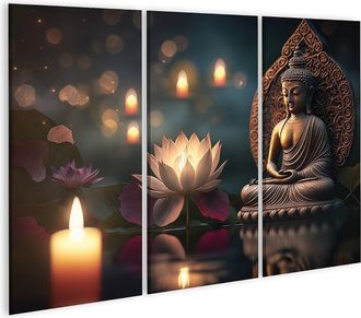 Islandburner Bild auf Leinwand Buddha Purnima Vesak Tag Buddha Statue Lotusblume Kerzenlicht Bilder Wandbilder Poster JEKE-3P