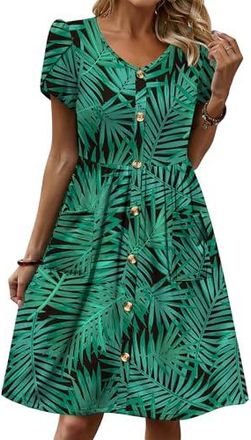 Zeagoo Robe Dété pour Femme Manches Courtes Décontractée Florale Robe de Plage Col en V Élégante Ligne A Longueur Genou Tunique avec Poches Vert Floral M