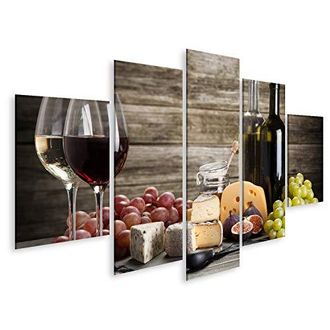 Islandburner Tableau sur Toile Vin Fromage Nature Morte Devant Un Mur en Bois Cadre Affiche Poster Murale Tableaux