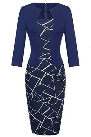 Homeyee Robe - Moulante - Color Block Business One-pièce Manches 3/4 - Femme B237 (XXL-Large, 44, Bleu foncé)