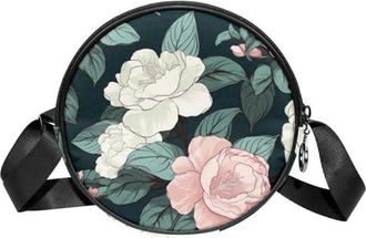 Generic Circle Sac &agrave; bandouli&egrave;re pour femme, petit sac &agrave; bandouli&egrave;re blanc cam&eacute;lia avec fermeture &eacute;clair, bretelles r&eacute;glables, sac &agrave; main rond d&eacute;contract&eacute; pou