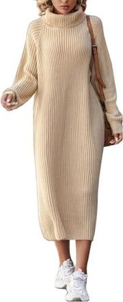 ORANDESIGNE Robe Pull Femme Robe en Tricot &agrave; Manches Longues El&eacute;gant Col Roul&eacute; Pull Sweater Robe Casual Robe Automne Hiver Tunique Chic Midi Robe A Kaki L