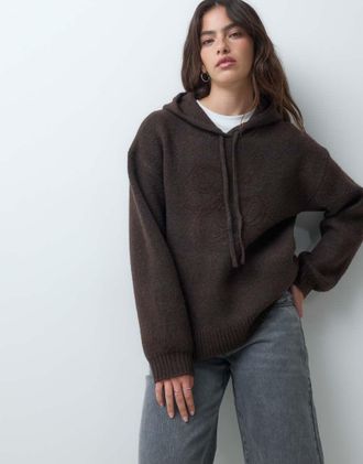4th & Reckless Kapuzen-Strickpullover mit Kettenvorderseite und Logo-Detail in Schokobraun