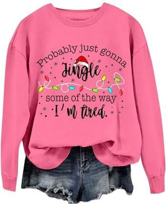 Generic Probably Just Gonna Jingle Some Of The Way Im Tired Pull de Noël pour femme Pull de Noël Chapeau de Père Noël Ornement de Noël Imprimé graphique Pull 