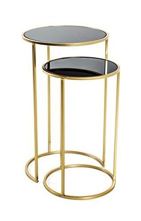 Haku Möbel Lot de 2 Tables dappoint Or, Noir, métal, Verre trempé - Dim.: H 50/60 cm x Ø 30/35 cm, Style: Glam