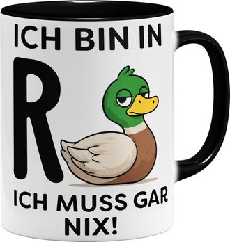 OM3 lustige Rentner Kaffee-Tasse mit Spruch - ich bin in R+Ente - ich muss gar nix - Rente - Keramik Becher - 325ml - Beidseitig Bedruckt - Schwarz