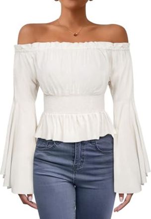 ORANDESIGNE Chemisier Gothique de Renaissance pour Femmes à Manches Évasées avec Volants et Épaules Dénudées Haut Corset Médiéval Victorien pour Costumade Chemise