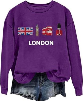 Generic Pull pour femme - Imprim&eacute; graphique britannique - Haut surdimensionn&eacute; - Col rond - Manches longues - Automne - Hiver - D&eacute;contract&eacute; - Confortable - Ten