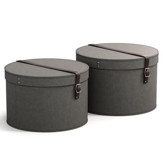 Bigso Box of Sweden BIGSO RUT 2er-Set Aufbewahrungsbox mit Deckel - runde Ordnungsbox mit Lederriemen - gro&szlig;e und kleine Hutschachtel aus Faserplatte und Papier in Leinen