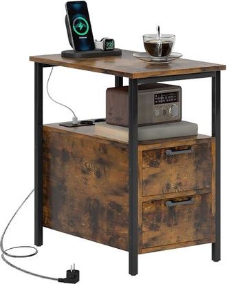 HOMCOM Beistelltisch Nachttisch mit Steckdosenleiste, 2 Schubladen, Couchtisch Wohnzimmertisch Sofatisch Kaffeetisch f&uuml;r Wohnzimmer Schlafzimmer 55 x 35 x 58