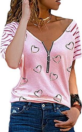 ORANDESIGNE Tee-Shirt Femme Sexy &Eacute;t&eacute; Tops Impression de Coeur Manches Court &Eacute;paules D&eacute;nud&eacute;es Chic Haut Blouse T-Shirt Grande Taille J Rose L