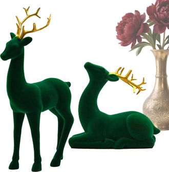 Generic Geflockte Rentier -2-teilige rot-gr&uuml;ne beschichtete Hirschstatue Set, &auml;sthetische Steh- und Sitzfigur | Weihnachtstisch Dekoration f&uuml;r Kamin, Wohnzimm