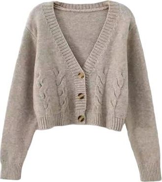 Generic Cardigan court &agrave; col en V et manches longues en tricot &agrave; simple boutonnage pour femme Coupe ajust&eacute;e Solide &Eacute;piss&eacute; &Eacute;l&eacute;gant Manteaux, Kaki, taille uniqu
