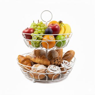 Relaxdays Obst Etagere, 2-st&ouml;ckig, Metall, HxD: 30 x 31 cm, Obst & Gem&uuml;se, mit Griff, runde Obstschale, Obstkorb, wei&szlig;