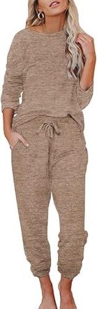 Ekouaer Ensembles de Pyjamas pour Femmes à Manches Longues Hiver Col Rond Vêtements de Nuit avec Poches Brun XL