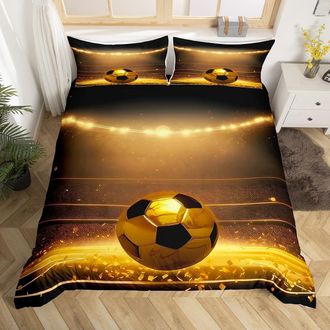 Generic Bettw&auml;sche 200x200 Fu&szlig;Ball Bettw&auml;sche Set 3D Bettbezug Set Weich Microfaser Bettbez&uuml;ge 3 Teilig Goldenes Muster 3D-Druck Bettw&auml;sche-Sets f&uuml;r Einzelbet