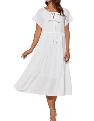 Grace Karin Damen Sommer Freizeitkleider Elegantes Kurzarm Locker A-Linie Strandkleid Weiß XL