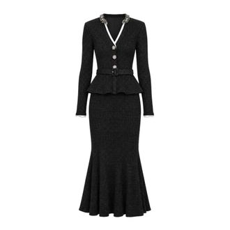 Self Portrait Robe midi en maille c&ocirc;tel&eacute;e orn&eacute;e de perles - Femme - Robes - Noir - Taille: 40 FR