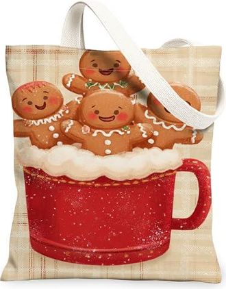 Generic Sacs fourre-tout en toile de No&euml;l motif biscuits festifs r&eacute;utilisables, rustiques, l&eacute;gers, lavables avec bandouli&egrave;re pour voyage, shopping, 33 x 38 cm