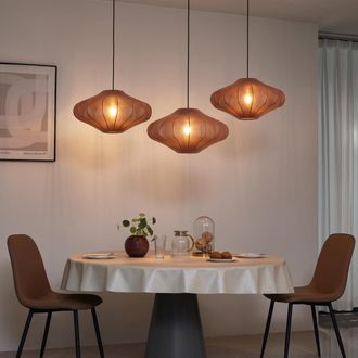 QAZQA Japandi Japandi H&auml;ngelampe I Pendellampe I Pendelleuchte braun 50cm 3-flammig - Plu I Wohnzimmer I Schlafzimmer - Textil Rund - LED geeignet E27