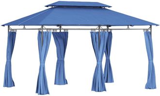 OUTSUNNY Tonnelle barnum 3 x 4 m 6 rideaux amovibles double toit m&eacute;tal &eacute;poxy polyester bleu