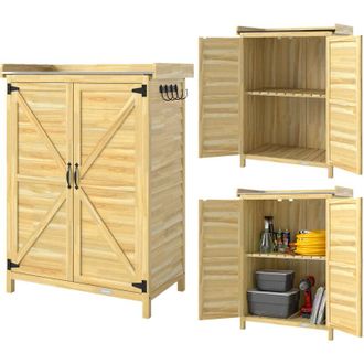 OUTSUNNY Armoire de jardin - Outsunny - &eacute;tag&egrave;re et crochets, plan de travail en m&eacute;tal galvanis&eacute; - bois - 71,5x39x95cm - bois naturel