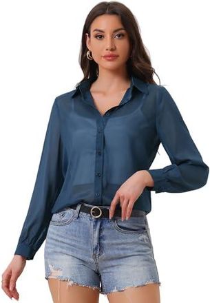 Allegra K Hauts Transparents en Maille pour Chemise boutonn&eacute;e &agrave; Manches Longues et col Pointu pour Femme Bleu Fonc&eacute; XL