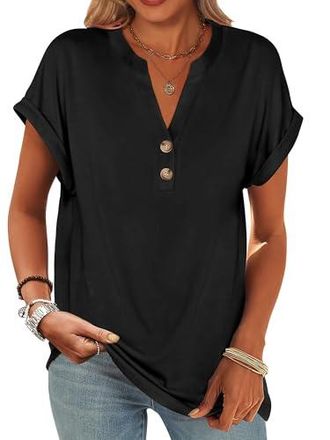 Generic Chemises &agrave; manches courtes d&eacute;contract&eacute;es et col en V pour femme - Tunique confortable pour lautomne - Tendance et fluide - Hauts d&eacute;t&eacute; Henley, Noir, XX