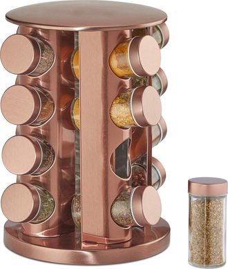 Relaxdays Gewürzkarussell, mit 16 Gewürzgläsern, 360° drehbar, Edelstahl, Glas, HxD 28 x 22 cm, Gewürzregal rund, kupfer