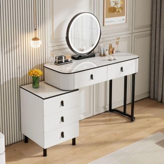 Woltu Woltu - Coiffeuse avec Miroir led Coiffeuse avec Rangement, 2 Tiroirs et 1 Commode, Luminosit&eacute; R&eacute;glable, Miroir Pivotant, Table de Maquillage, Effet