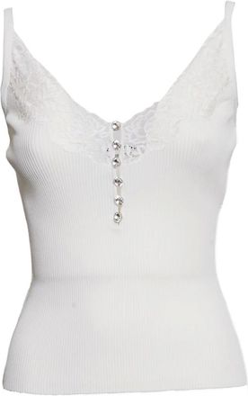 Self Portrait Femme, Tops, Blanc, Taille: 36 FR Haut en Tricot Côtelé à Bordure en Dentelle Blanche