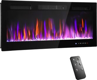 HOMCOM Elektrokamin mit Heizung, Elektrischer Kamin mit 12 farbigen 3D Flammeneffekten, 12 Kristallfarben, 1800W extra-schlank Wandamin mit Fernbedienung, Wo