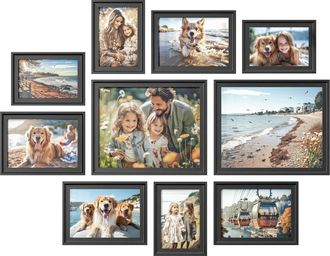 Songmics Bilderrahmen 10er Set, 16 Passepartouts, zwei 20 x 25 cm, vier 13 x 18 cm, vier 10 x 15 cm, aufhängen, aufstellen, Glas, 12 spurlose Wandhaken, weihna