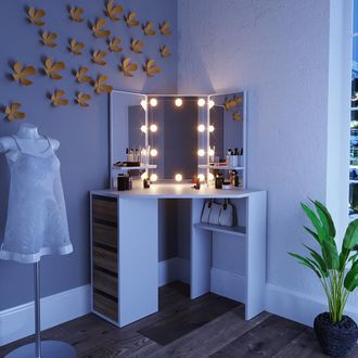 Vicco Eckschminktisch Weiß/Sonoma Arielle 110x141.5x54 cm - Frisiertisch für die Ecke, Spart Platz und nutzt Zimmerecken optimal aus