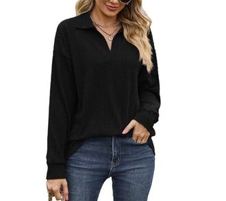 Generic Pull &agrave; revers tendance pour femme - Col en V - Ample et confortable - Pour lhiver - Chemises de sport, Noir, XXL