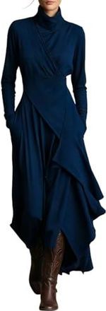 Generic Robe moulante &agrave; manches longues et col montant &agrave; volants asym&eacute;triques d&eacute;contract&eacute;es formelles irr&eacute;guli&egrave;res avec poches pour femme, bleu marine, XXL