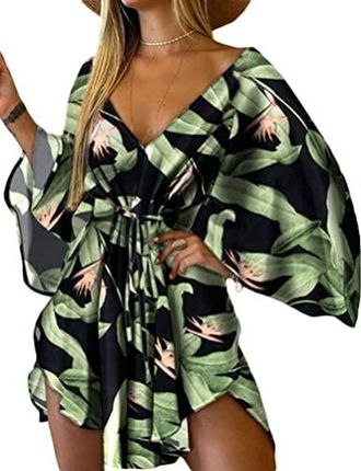 Onsoyours Robe Femme Été Col V Robe Droite Fluide Manches 3/4 Imprimé Mi Longue Robe Chemise Tunique Boho A-Line Robe Volant Sexy Chic Rétro Robe de Plage C Ver