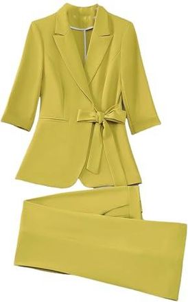 Generic Ensemble 2 pièces pour femme avec pantalon formel, blazer et pantalon, Ensemble de 2 pièces jaune, XL