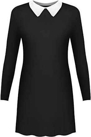 WearAll Collier Plaine Court à Manches Longues Extensible évasé Mesdames Robe trapèze - Noir - 36-38