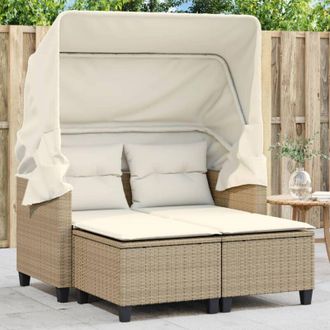 vidaXL Gartensofa 2-Sitzer mit Dach und Hockern Beige Poly Rattan - Vidaxl
