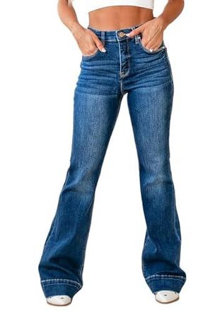 TOMWELL Jean Bootcut Femme Jean Taille Haute Mode Stretch Pantalon Denim Flared Leggings B Bleu Fonc&eacute; XL