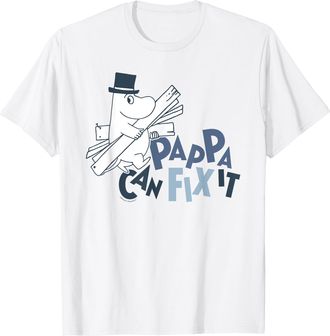 Moomin Vatertags-T-Shirt mit Mumin Pappa Can Fix It Blue Text Design, Unisex-Erwachsene, Wei&szlig;, Blau, S, Kurzarm, T-Shirt