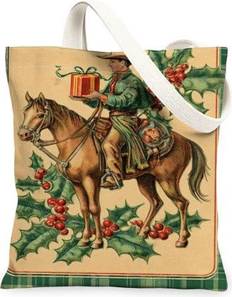 Generic Sacs fourre-tout vintage en toile motif cheval de No&euml;l, sacs d&eacute;picerie r&eacute;utilisables, l&eacute;gers et lavables avec bandouli&egrave;re, Beige, 13x15 Inch