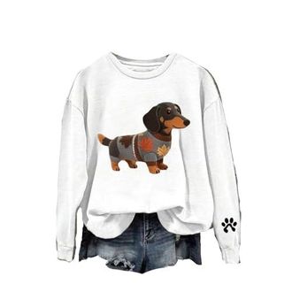 Generic Sweat-shirt pour femme Printemps et Automne Imprim&eacute; Art Chien Dr&ocirc;le Teckel Automne Sweat-shirt, blanc, 4XL