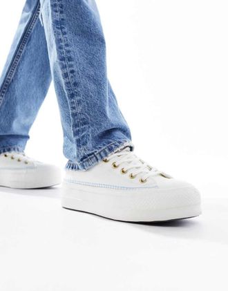 Converse Chuck Taylor All Star Lift Ox - Baskets &agrave; semelle plateforme et surpiq&ucirc;res - Blanc