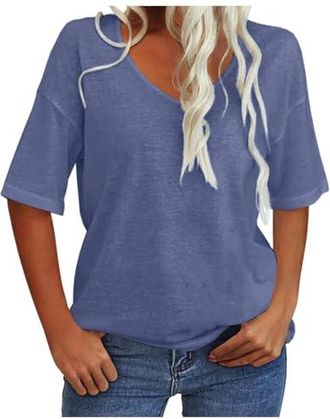 Generic T-Shirts &agrave; Manches Courtes Femme Col en V- Haut Ete Couleur Unie Comfortable L&eacute;ger Ample Top Classiques D&eacute;contract&eacute; Respirante Simple Tous Les Jours P