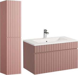 Vente-Unique Waschbeckenunterschrank h&auml;ngend mit Ablagen & Einbauwaschbecken - Streifenoptik - Rosa - 80 cm - SATARA